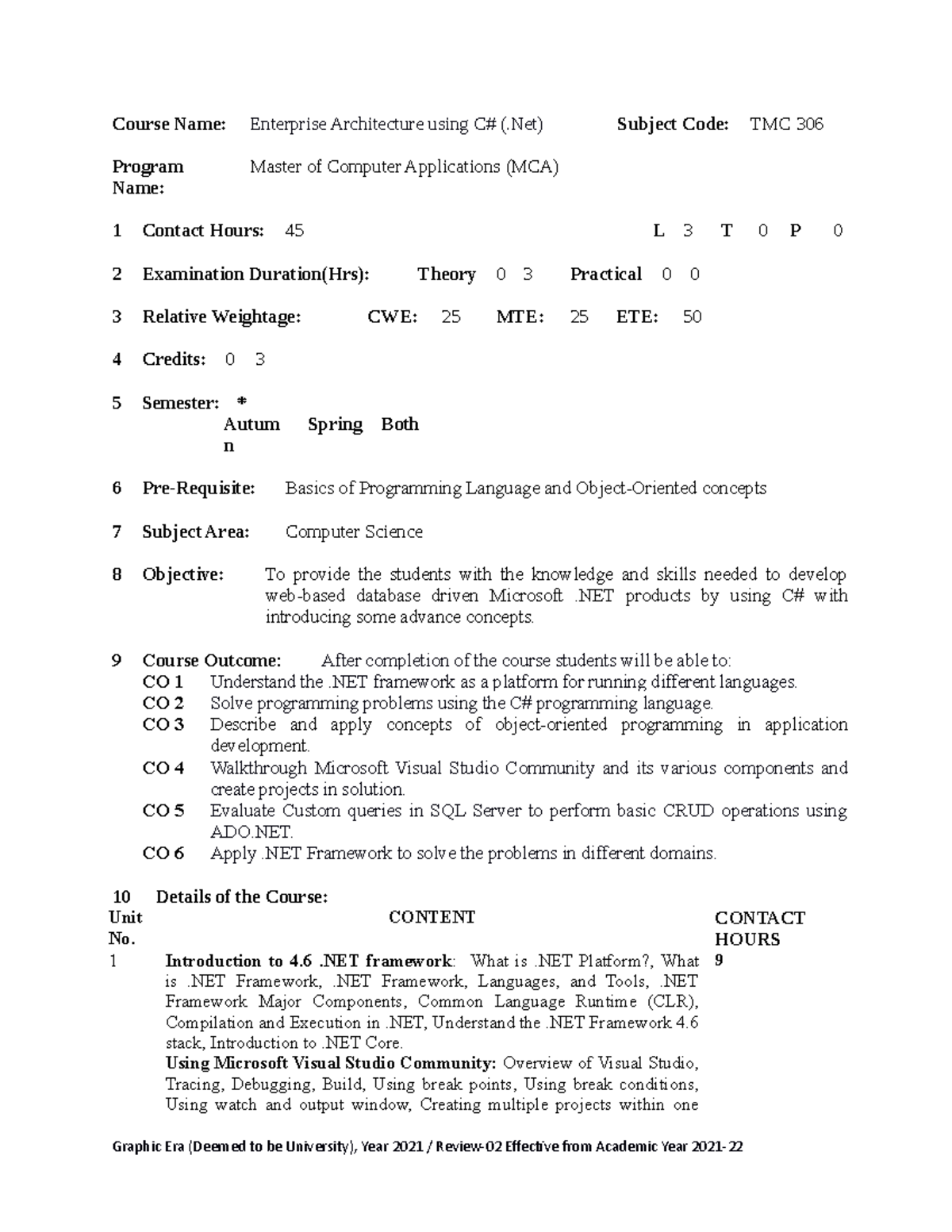 TMC 306 Enterprise Architecture using C# - Course Name: Enterprise Architecture using C# (.Net ...
