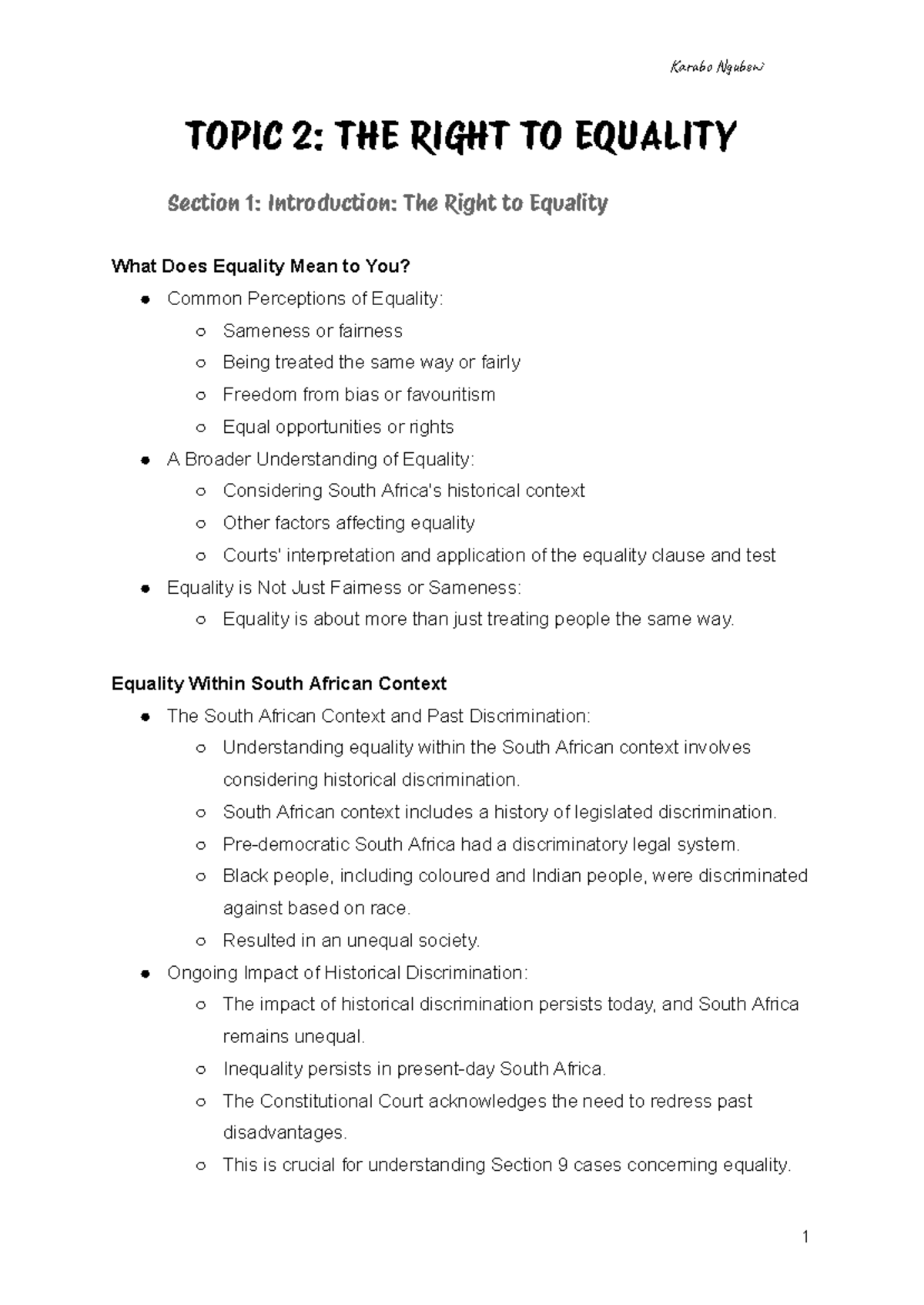 Topic 2 The Right To Equality - TOPIC 2: THE RIGHT TO EQUALITY Section ...