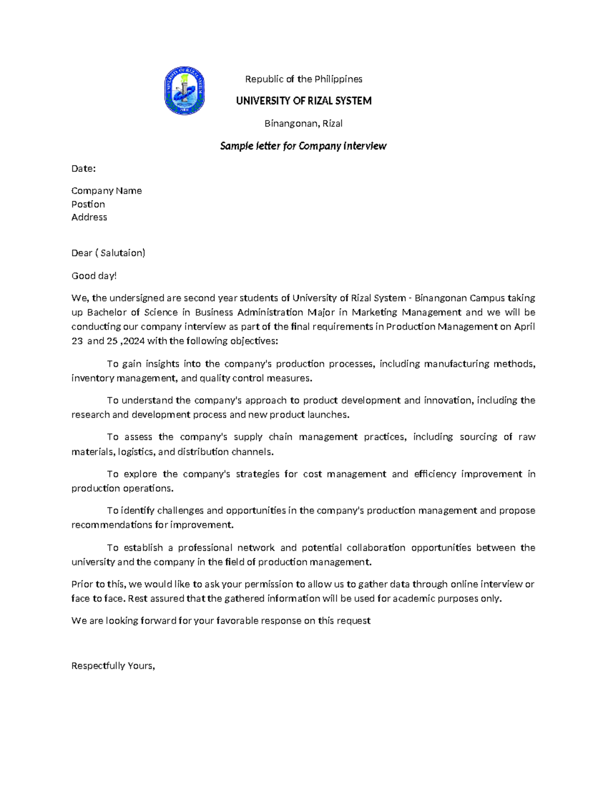 Letter for company interview MM - Republic of the Philippines ...