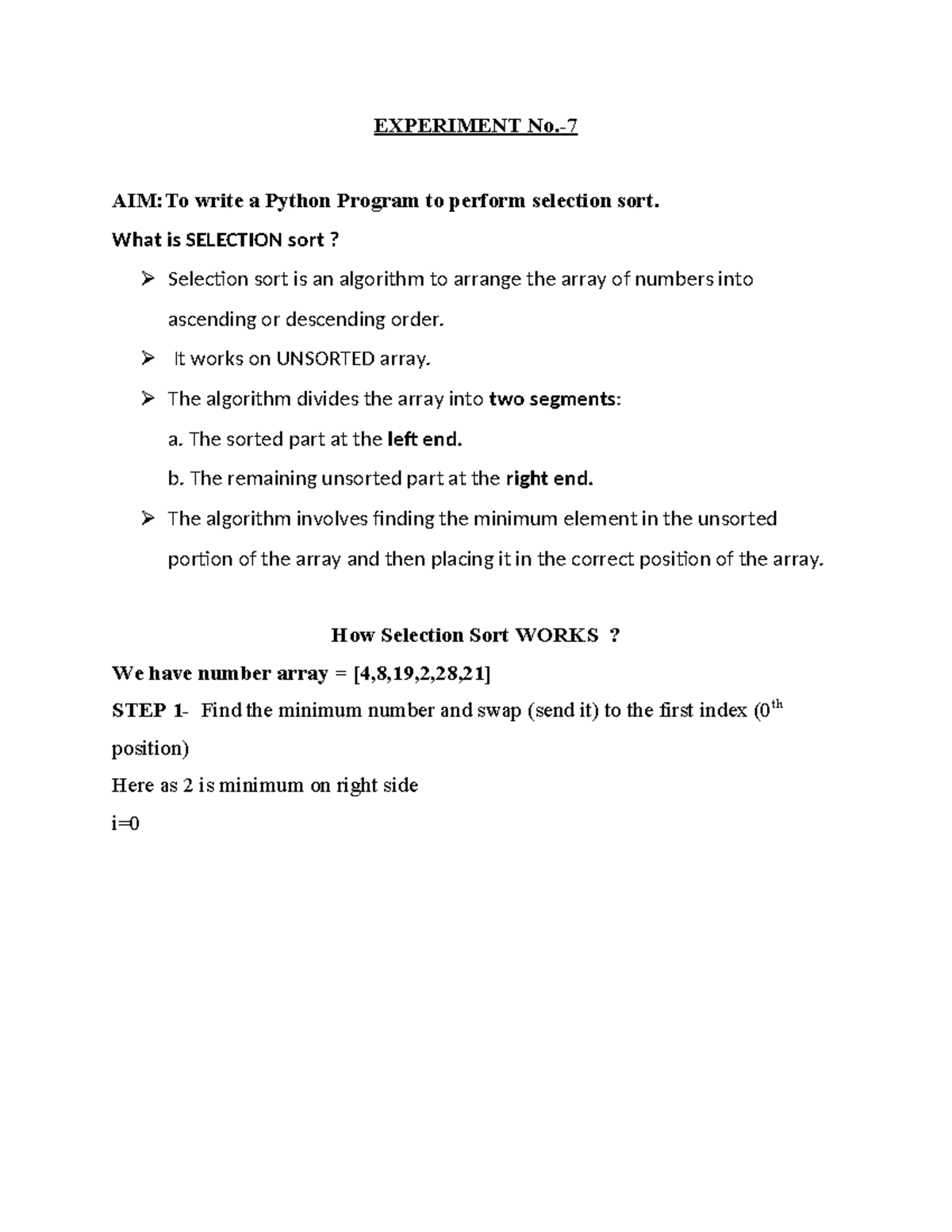 Python Practical-7 - RGPV - EXPERIMENT No.- AIM:To write a Python Program to perform selection ...