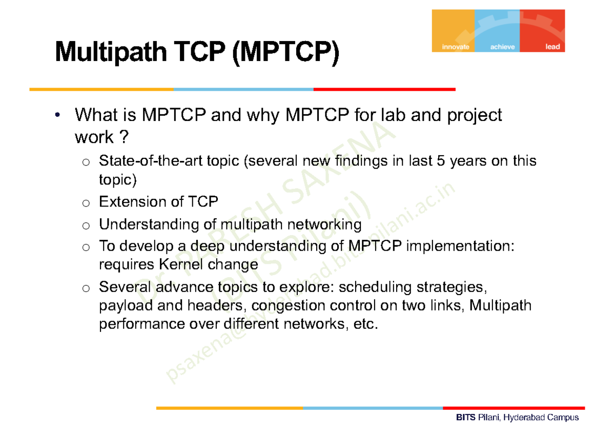 ACN Slide 11 - Lecture notes 11 - Dr. PARESH SAXENA(BITS Pilani ...
