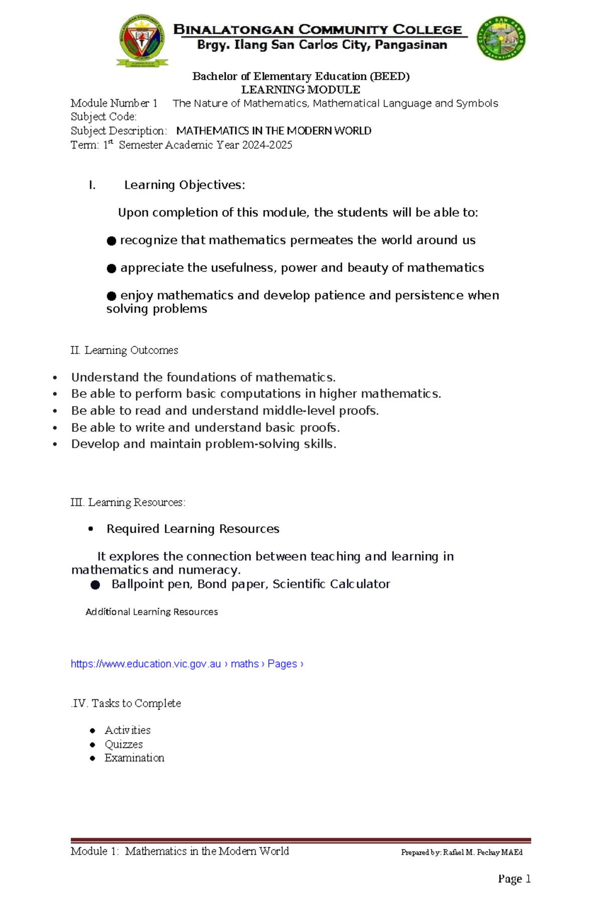 Module 1 MATH MMW - hatdog - Bachelor of Elementary Education (BEED) LEARNING MODULE Module ...