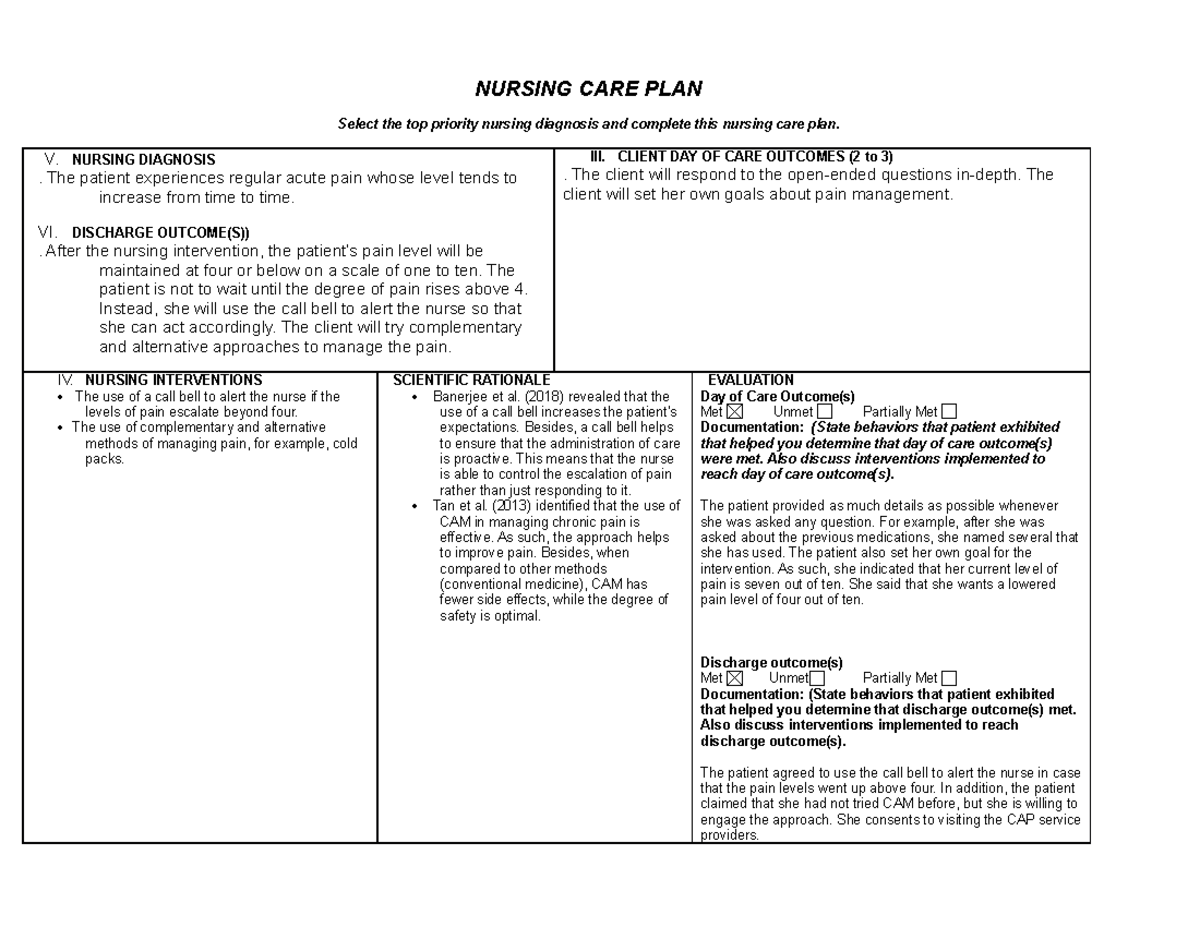 Nursing Care Plan: Managing Acute Pain - Studocu