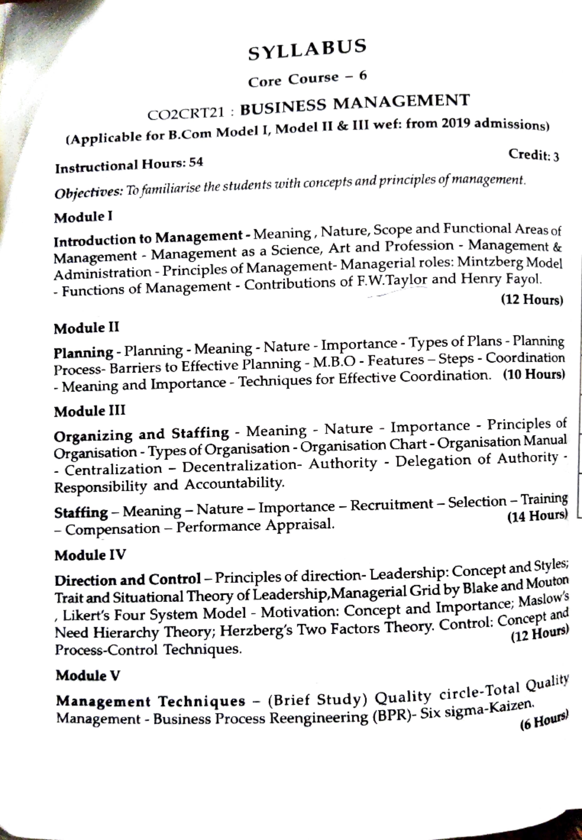 BM Module 2 SEM2 - ~ SYLLABUS I C ore Course - 6 C02CRT21 : BUSINESS ...