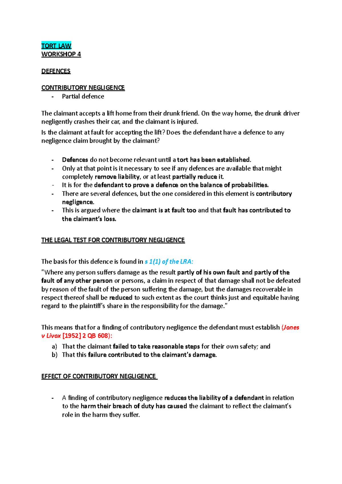 Defence- Contributory Negligence - TORT LAW WORKSHOP 4 DEFENCES ...