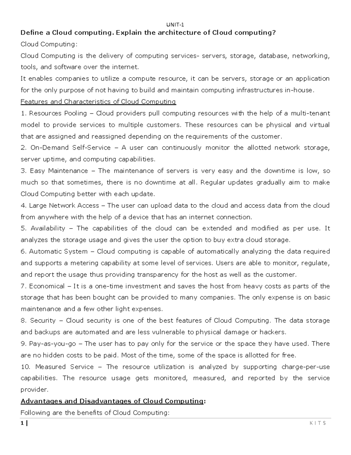 CC - This is a material - Define a Cloud computing. Explain the architecture of Cloud computing ...