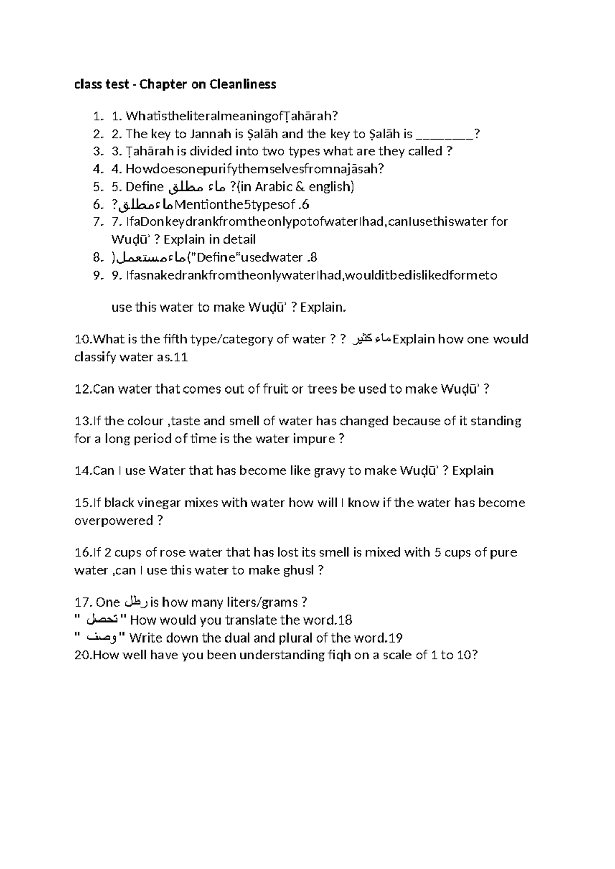 Class test - notes - class test - Chapter on Cleanliness 1. 1 ...