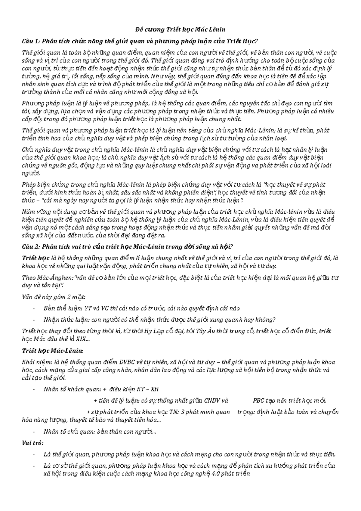 đề cương ML01 - Jhhhh - Đềề c ng ươ Triềết h c Mác Lềninọ Câu 1: Phân tích ch c năng thềế gi i ...