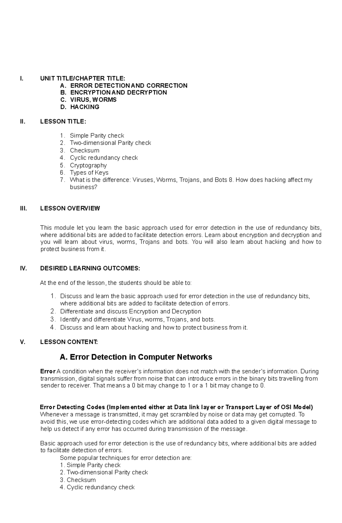 Module 2-Data Communications - I. UNIT TITLE/CHAPTER TITLE: A. ERROR DETECTION AND CORRECTION B ...
