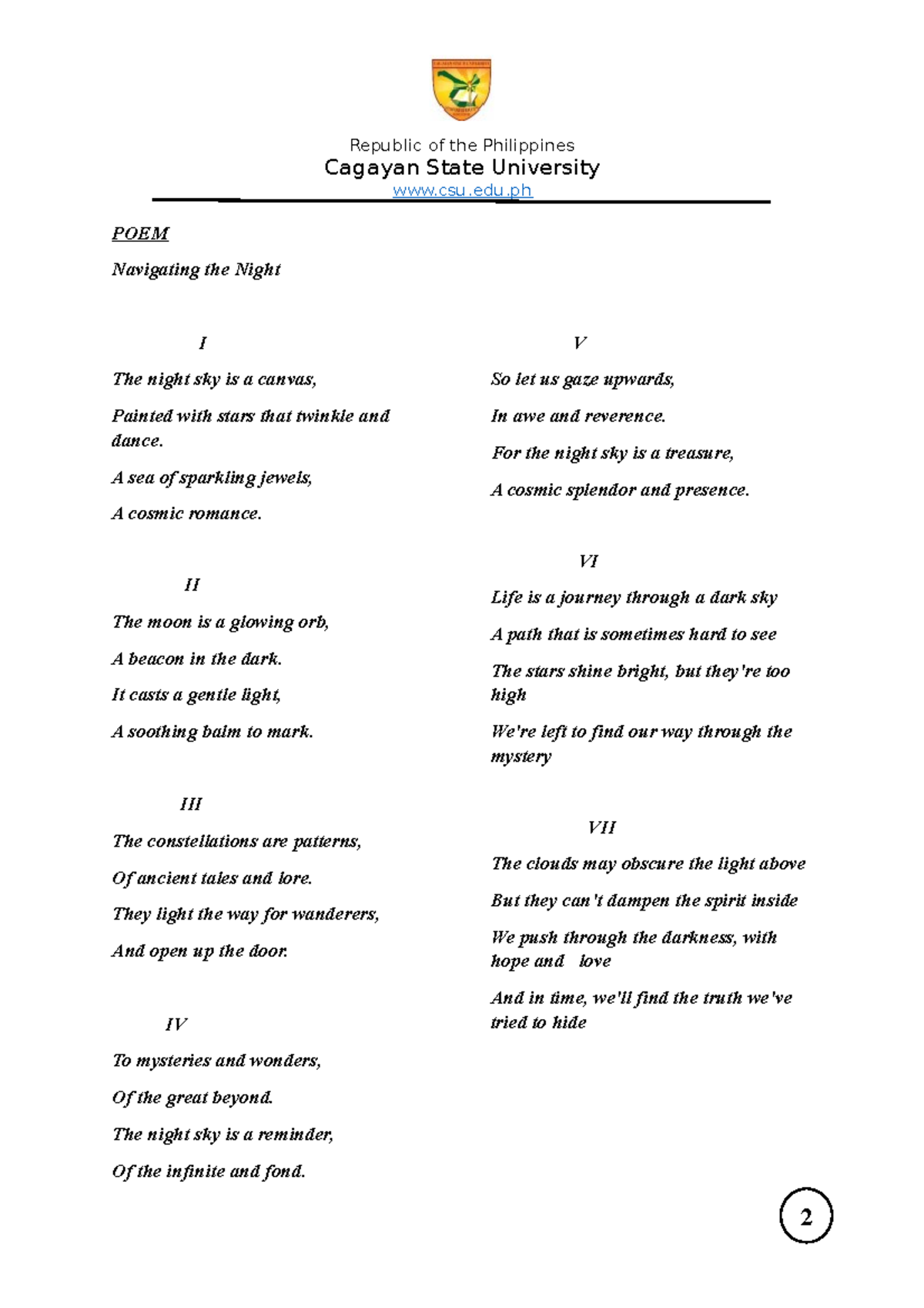 ART APPRECIATION TERM Paper - Cagayan State University csu.edu POEM ...