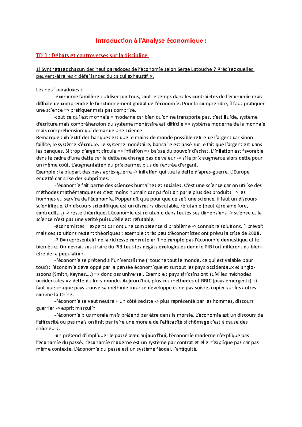 Analyse-Economique - Introduction à l’Analyse économique : TD 1 ...
