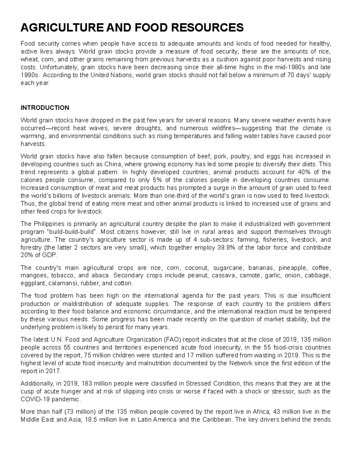 Agriculture AND FOOD Resources - AGRICULTURE AND FOOD RESOURCES Food ...