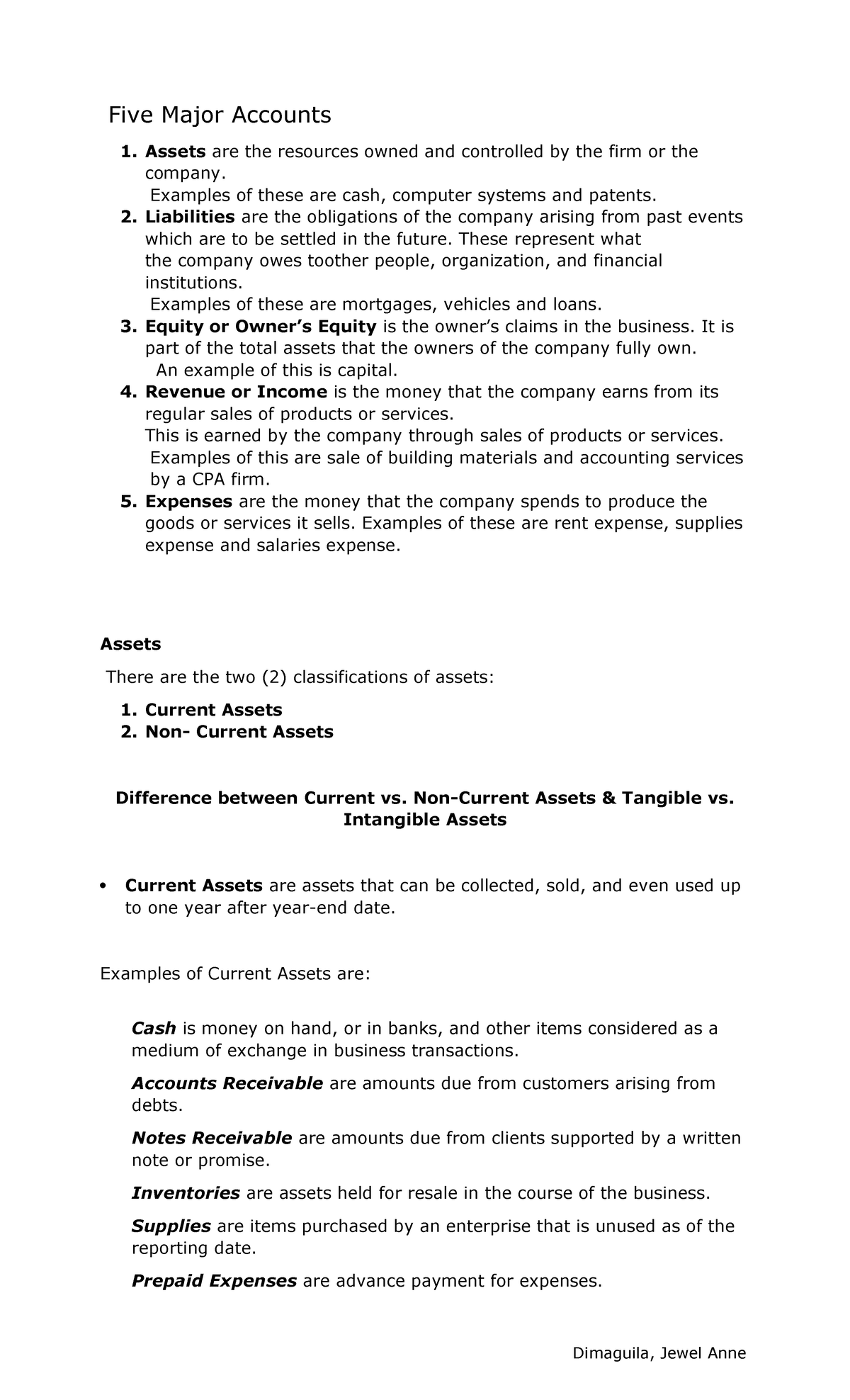 Five Major Accounts - Assets are the resources owned and controlled by ...