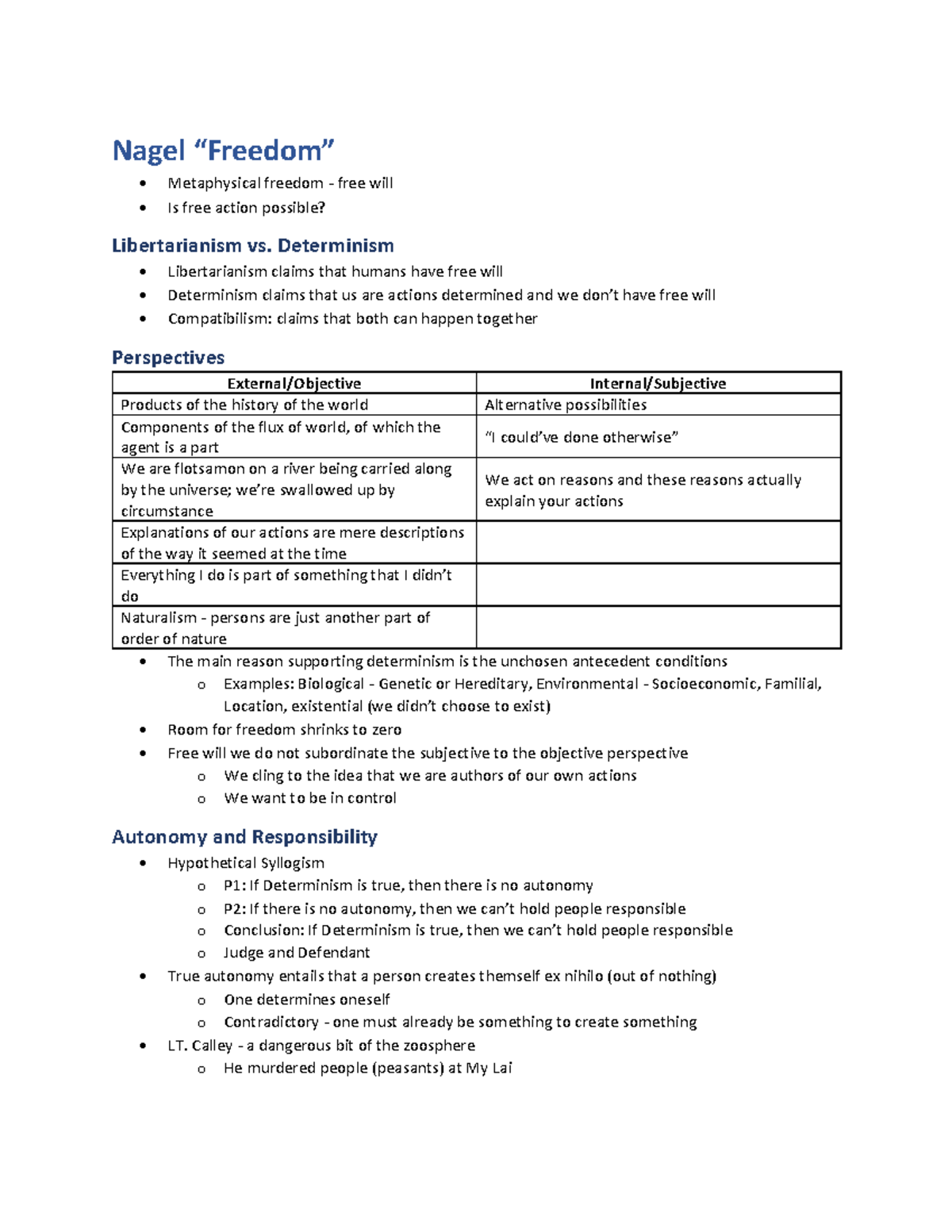 Nagel - Freedom - Nagel “Freedom” Metaphysical freedom - free will Is ...