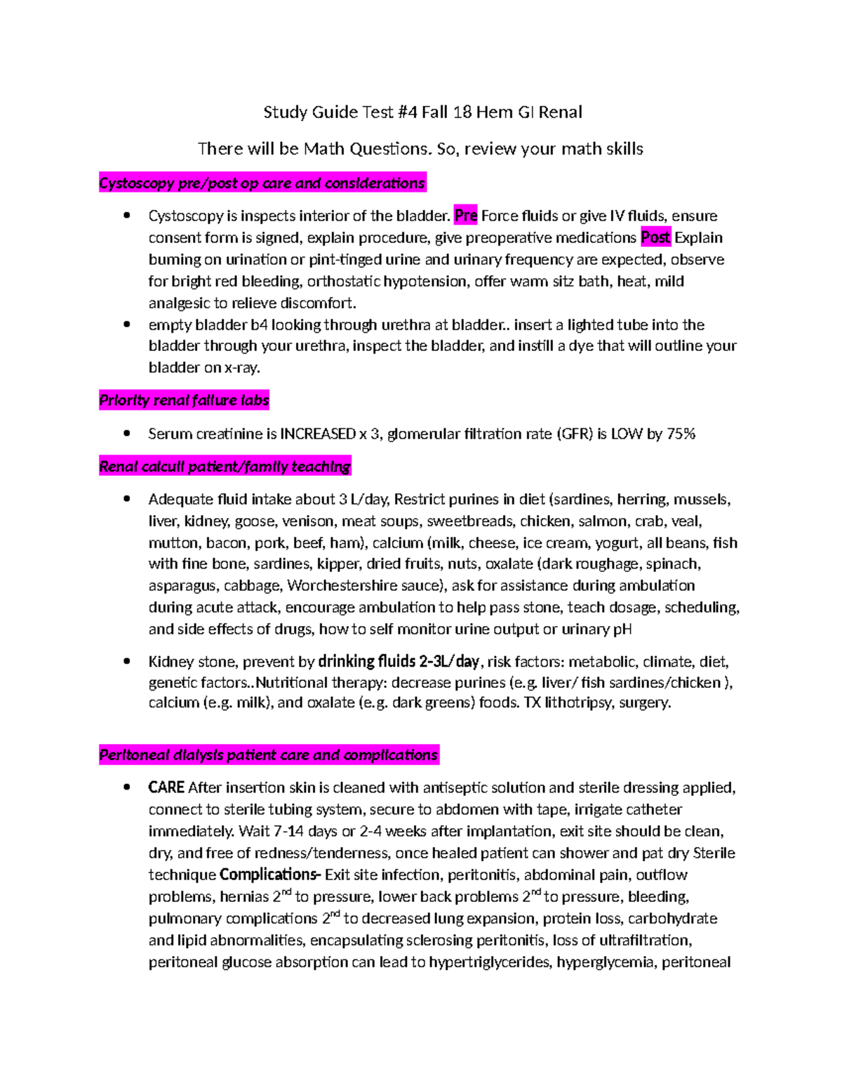 Med Surg II 4 Renal Study Guide - Study Guide Test #4 Fall 18 Hem GI ...