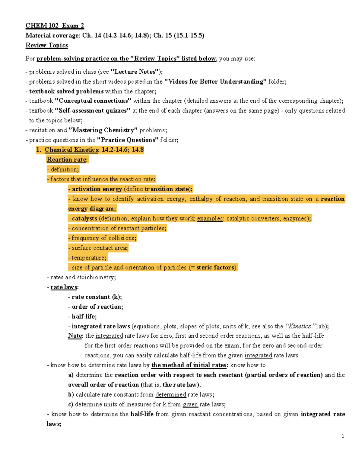 CHEM EXAM II 2 - CHEM 102 Exam 2 Spring 21/22 - 1 CHEM 102 Exam 2 Material coverage: Ch. 14 ...