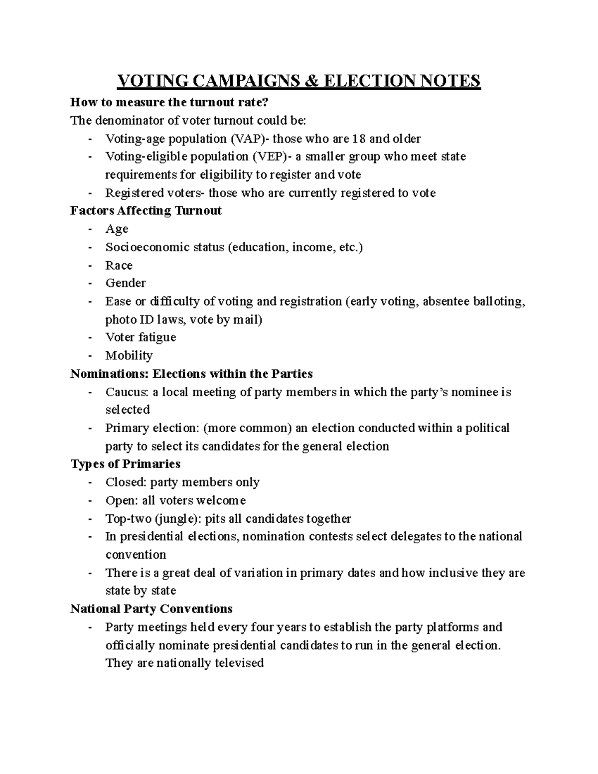 American Gov Notes 2 13 - Tyler Camarillo - VOTING CAMPAIGNS & ELECTION ...