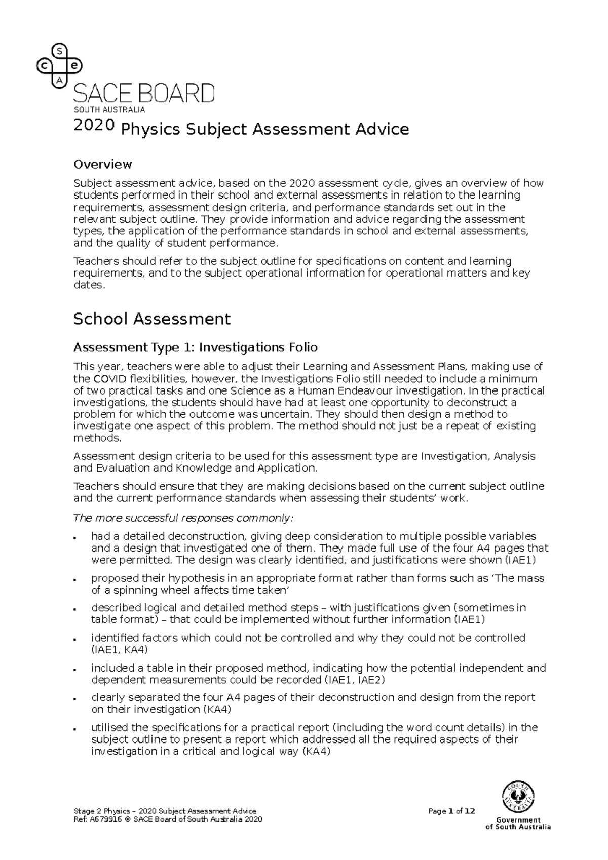 2020 Physics Subject Assessment Advice - 2020 Physics Subject ...