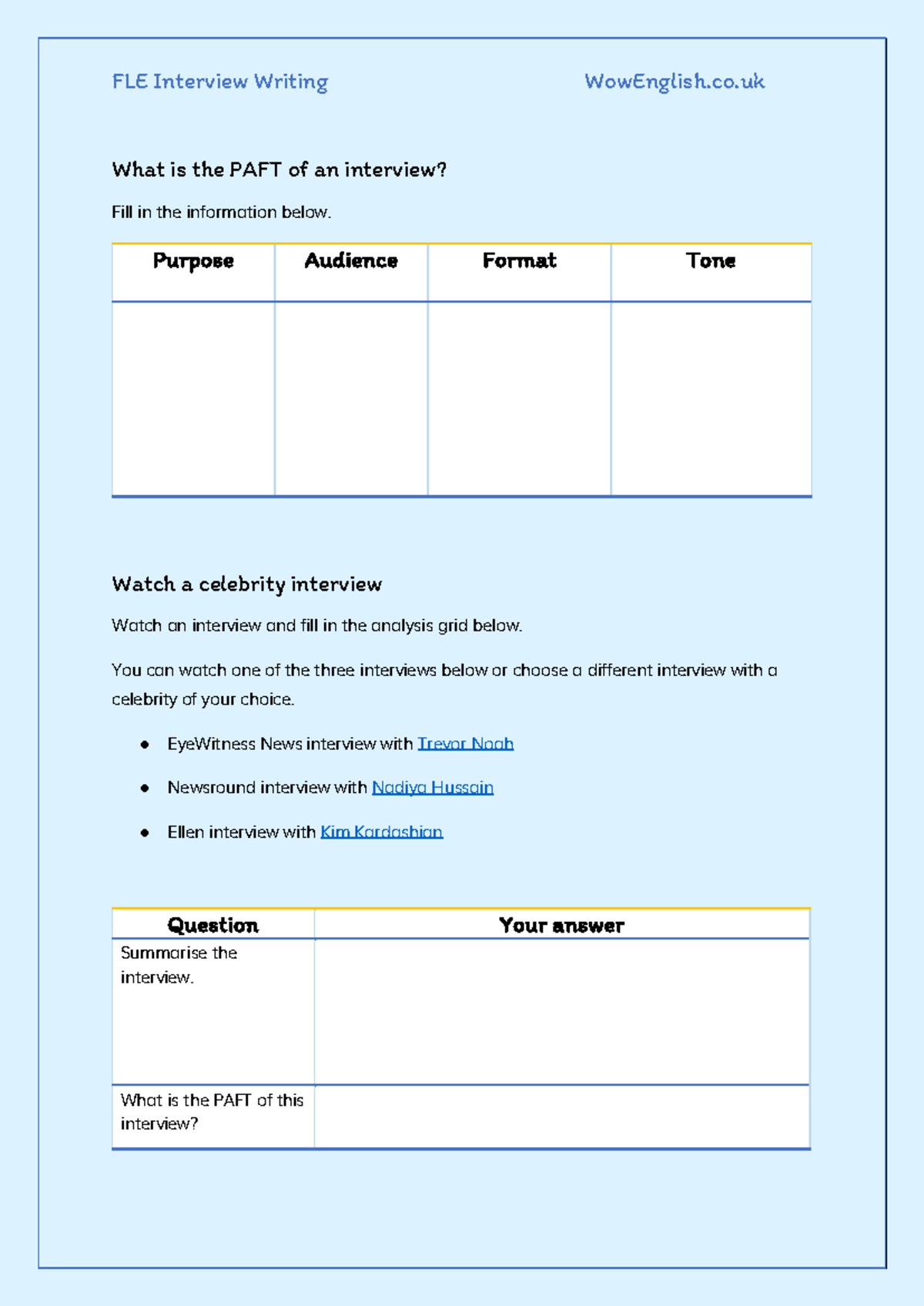 Worksheet Interview Writing - What is the PAFT of an interview? Fill in ...