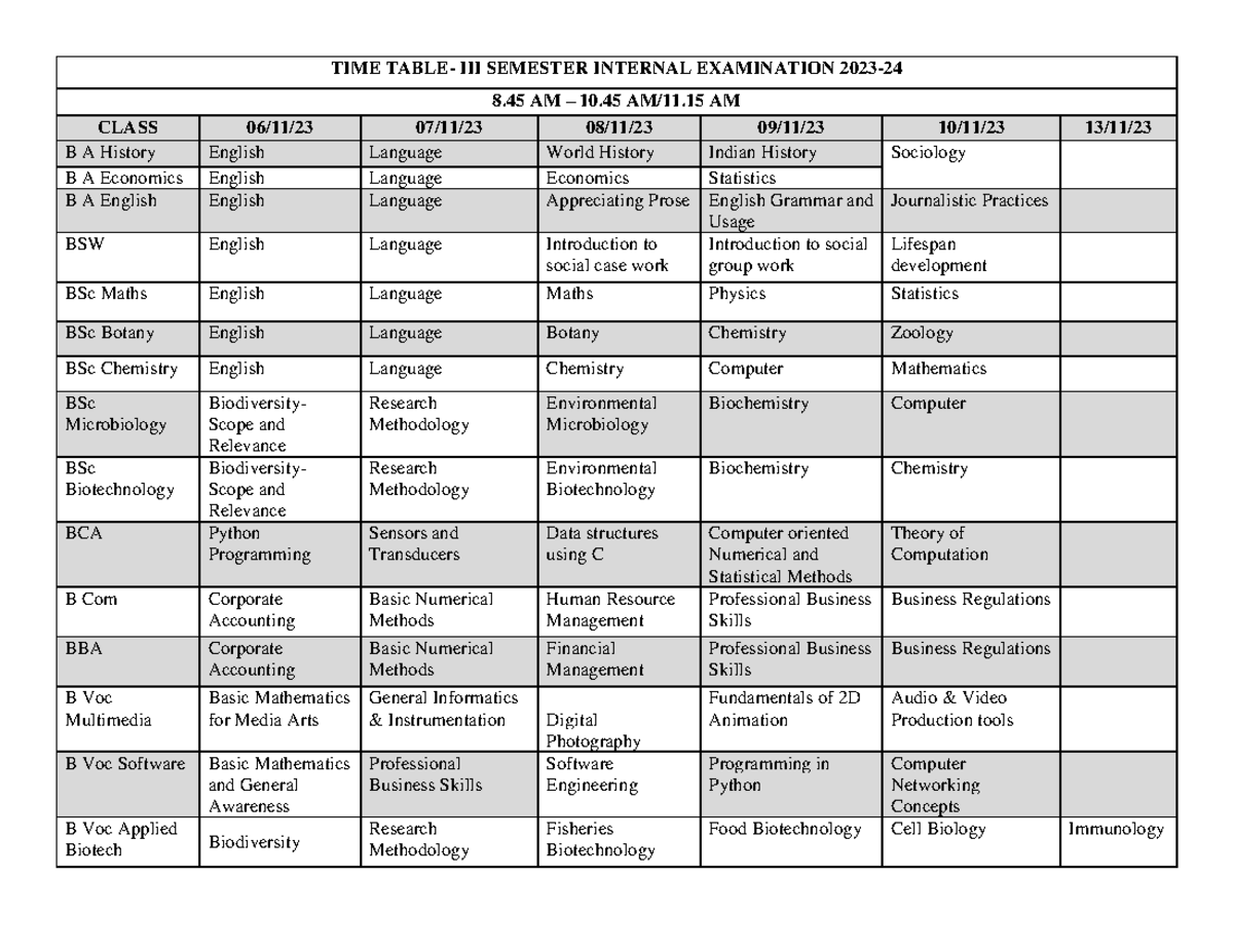 Time table-III Sem-Internal - TIME TABLE- III SEMESTER INTERNAL ...