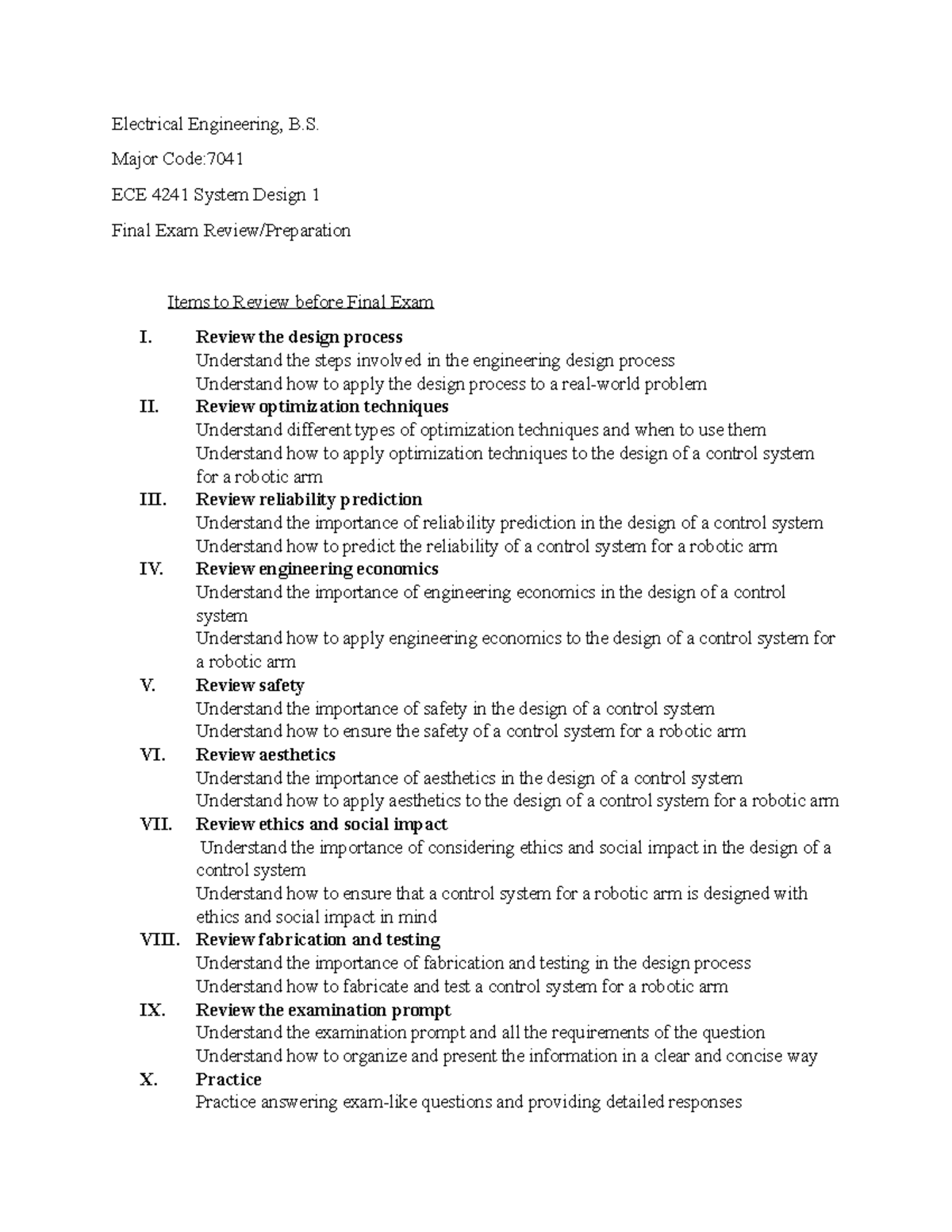 System Design 1 Final Exam Review - Electrical Engineering, B. Major ...