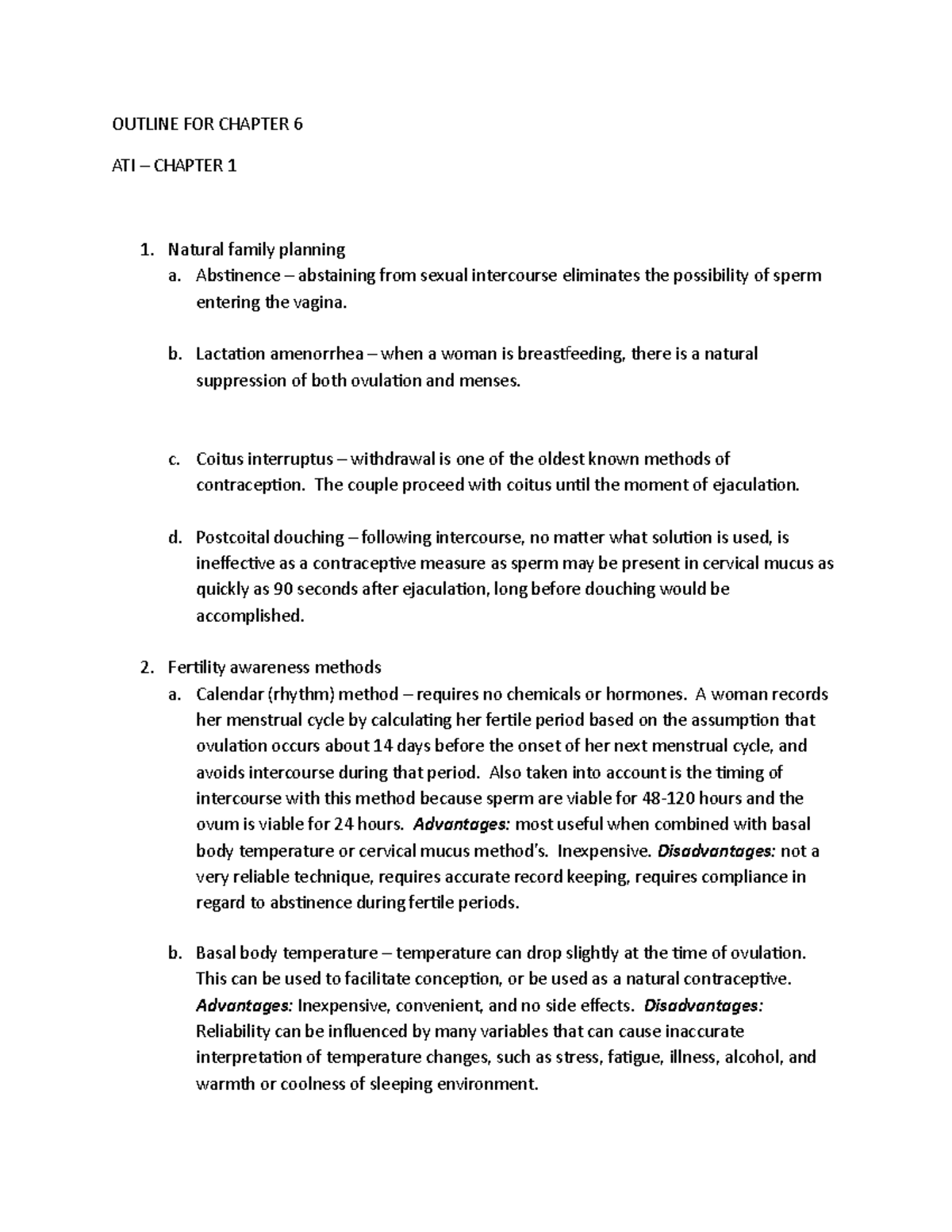 6 B - Outline for Chapter 6 - OUTLINE FOR CHAPTER 6 ATI – CHAPTER 1 Natural family planning a ...