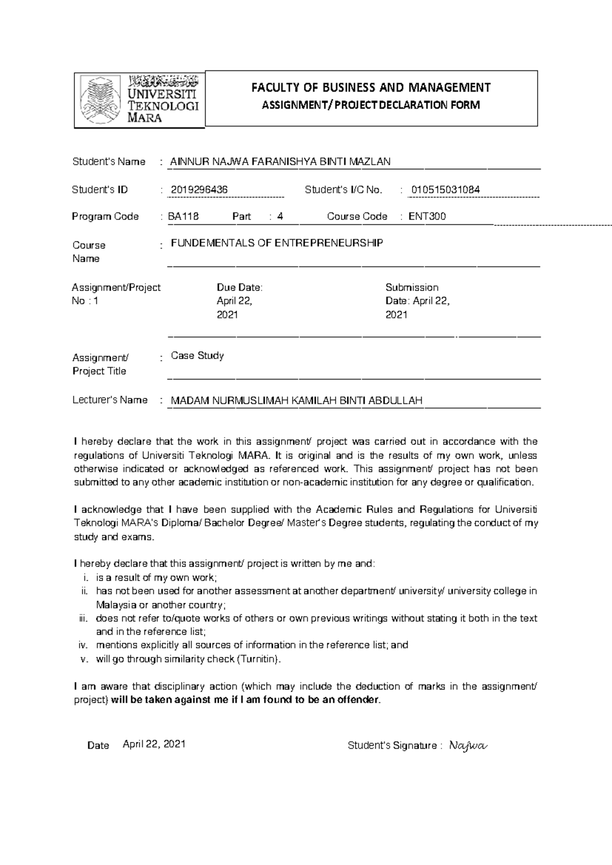 Declaration FORM ENT300 - Student’s Name : AINNUR NAJWA FARANISHYA ...