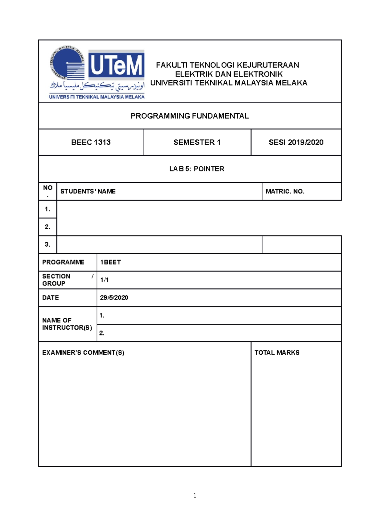 Lab 5 Pointer For Programming Programming Fundamental Beec 1313
