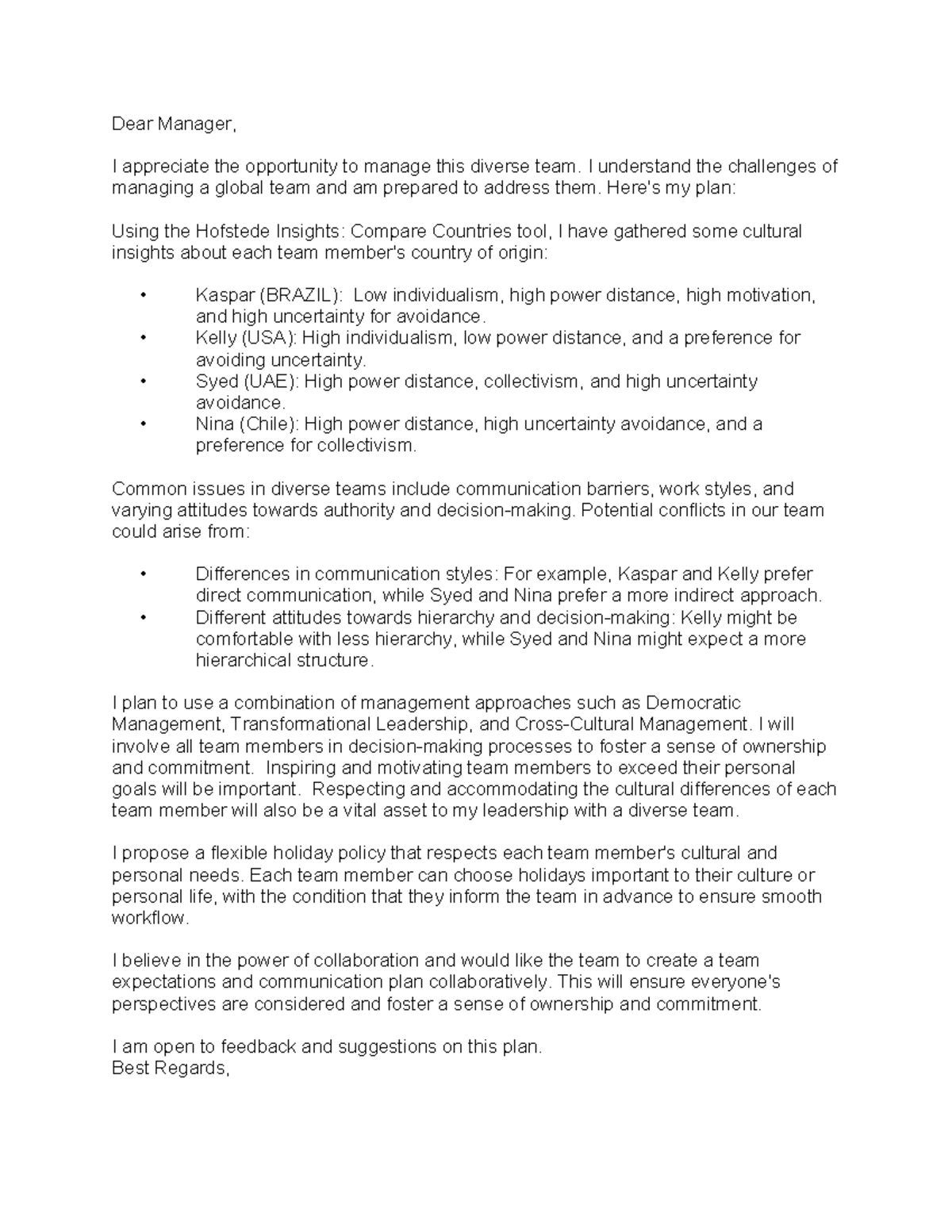 International Team Expectations - Dear Manager, I appreciate the ...