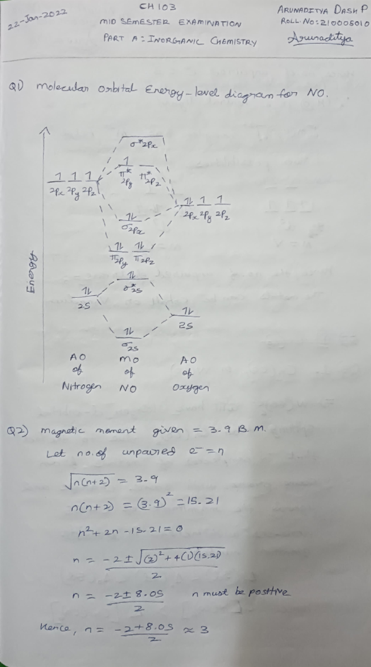 Mid-Semester Answer Sheet Part A CH-103 2022 - CH 1O3B ARUNADETYA DASH ...