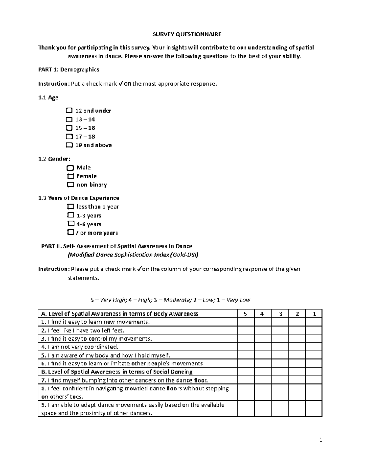 Modified DSI - 1 SURVEY QUESTIONNAIRE Thank you for participating in ...