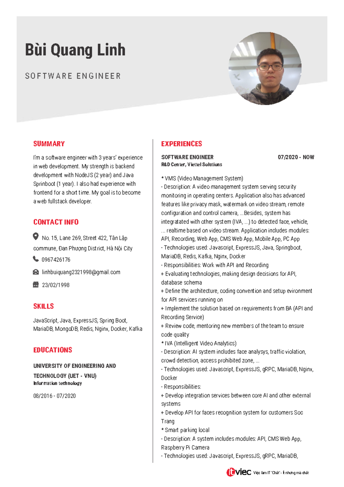 Bùi Quang Linh - Lập Trình Viên Nodejs (Middle)-23 - SUMMARY I'm a ...