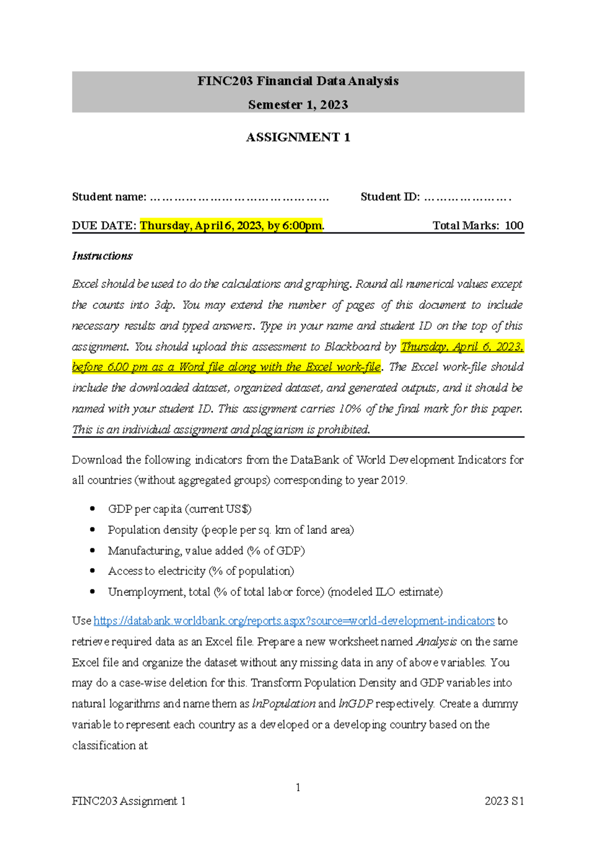 FINC203 Assignment 1 Questions S1 2023 - FINC203 Financial Data ...