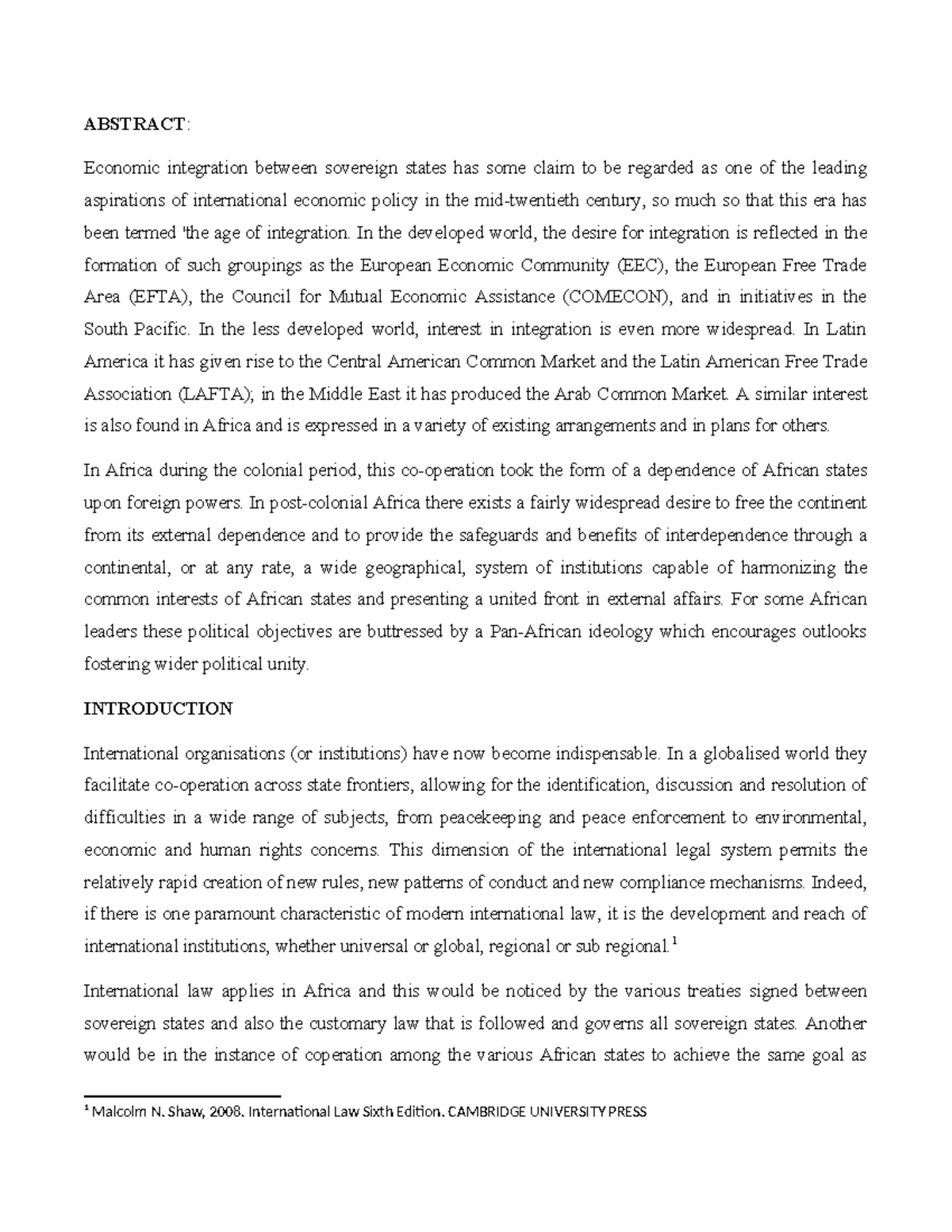 INT. LAW II - ABSTRACT: Economic integration between sovereign states ...