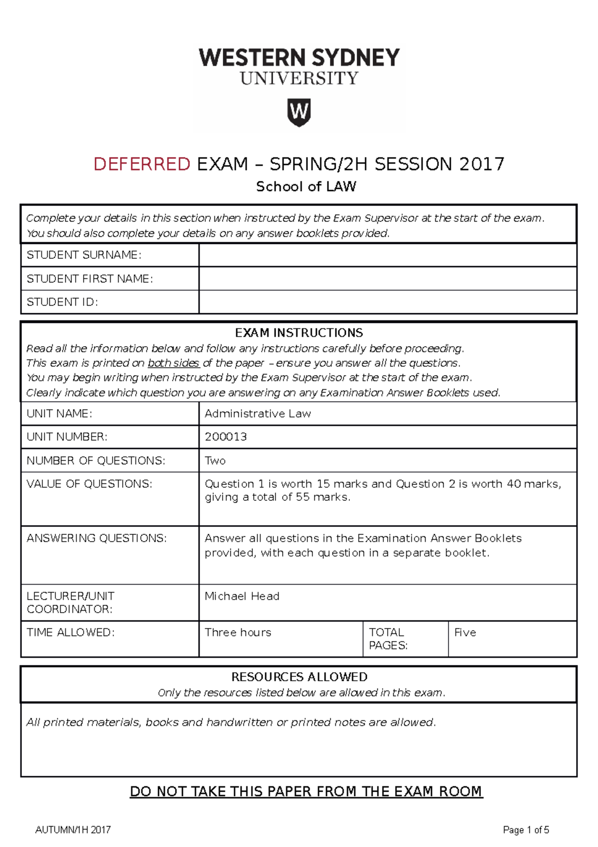 Practice exam - DEFERRED EXAM – SPRING/2H SESSION 2017 School of LAW ...