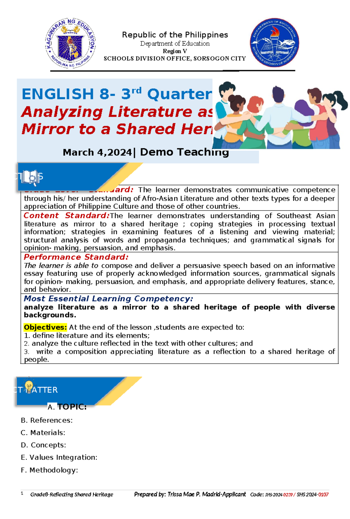 Demo teaching-Detailed Lesson plan grade 8 - Copy - 1 Republic of the ...