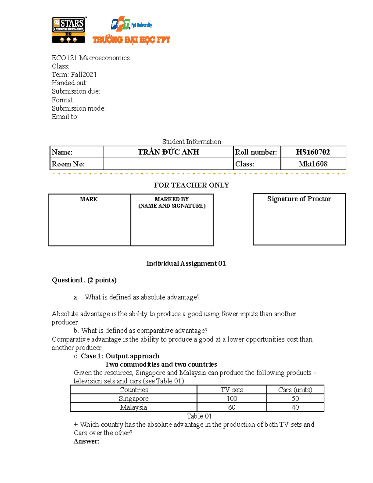 ECO121 Test01 Fall2021 Individual Assignment 1 tran van dien hs 150695 ...