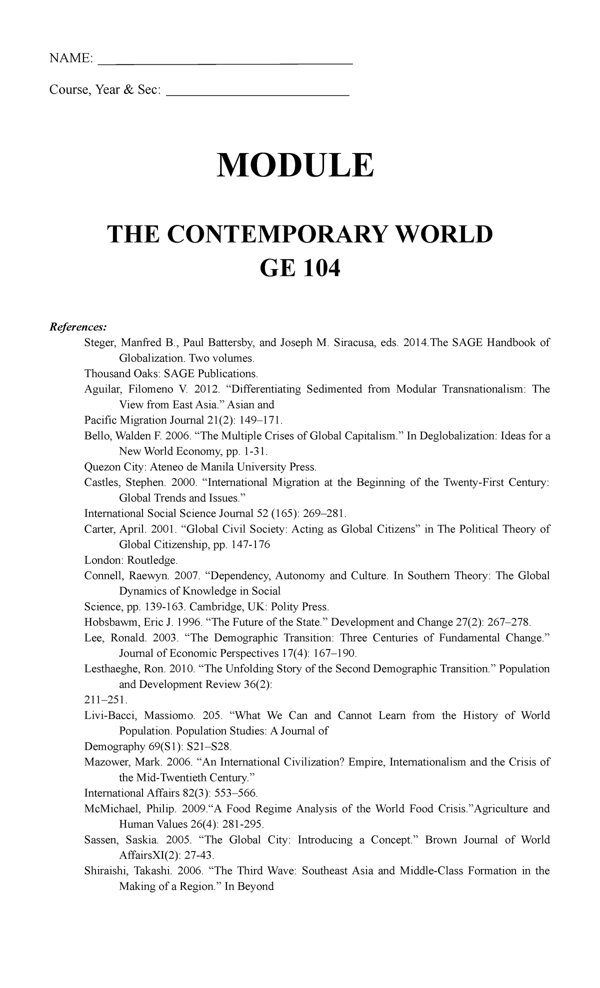 GE 104 - Module Week 1 & 2 - NAME: Course, Year & Sec: MODULE THE ...