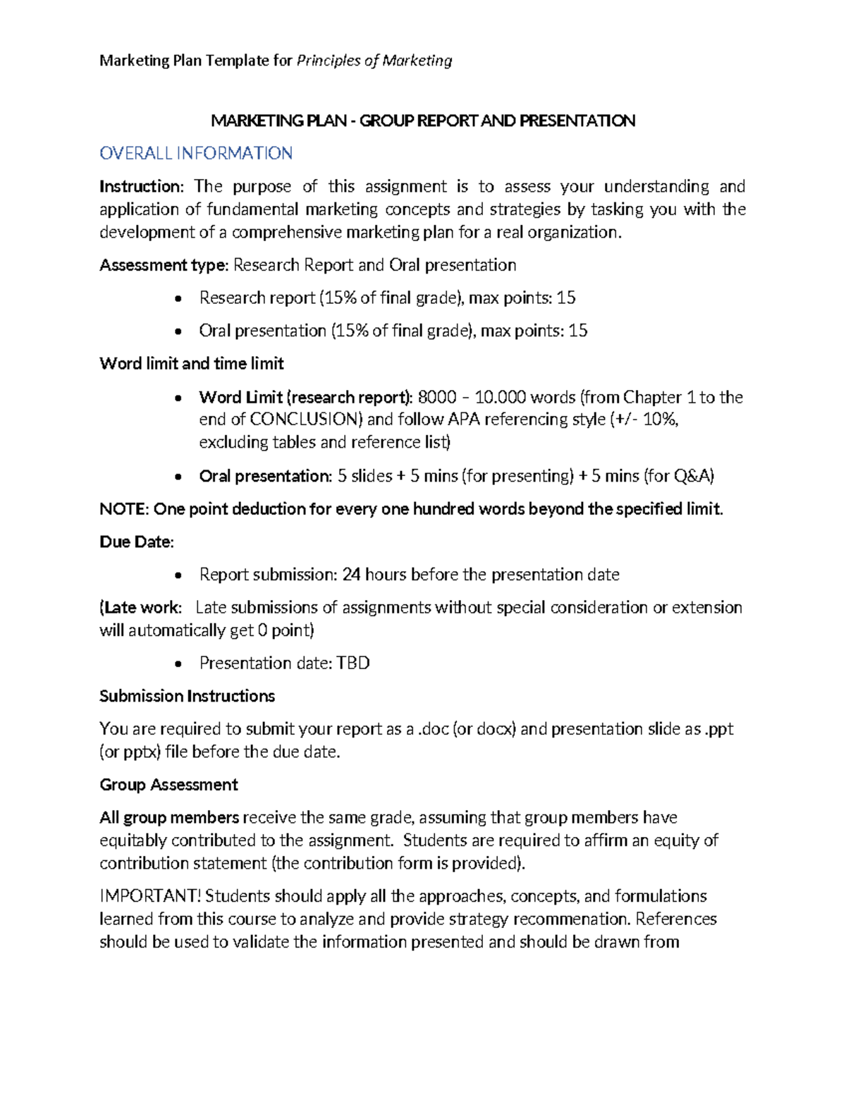 Marketing Plan and presentation assignment brief - MARKETING PLAN ...