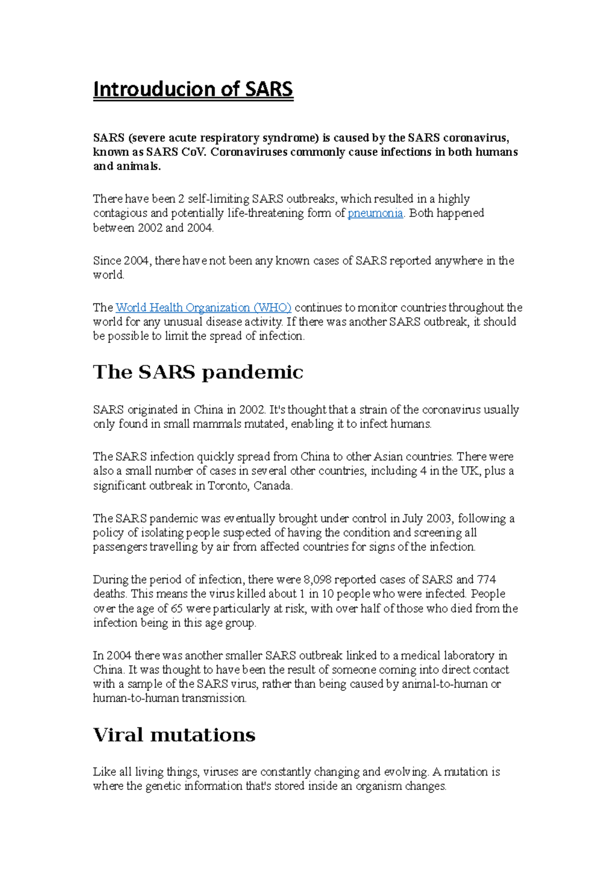 Saras introudution - note - Introuducion of SARS SARS (severe acute ...