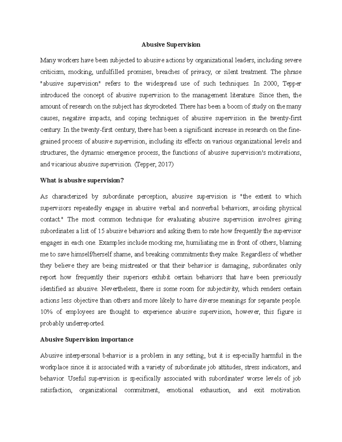 Abusive Supervision - medicine - Abusive Supervision Many workers have ...