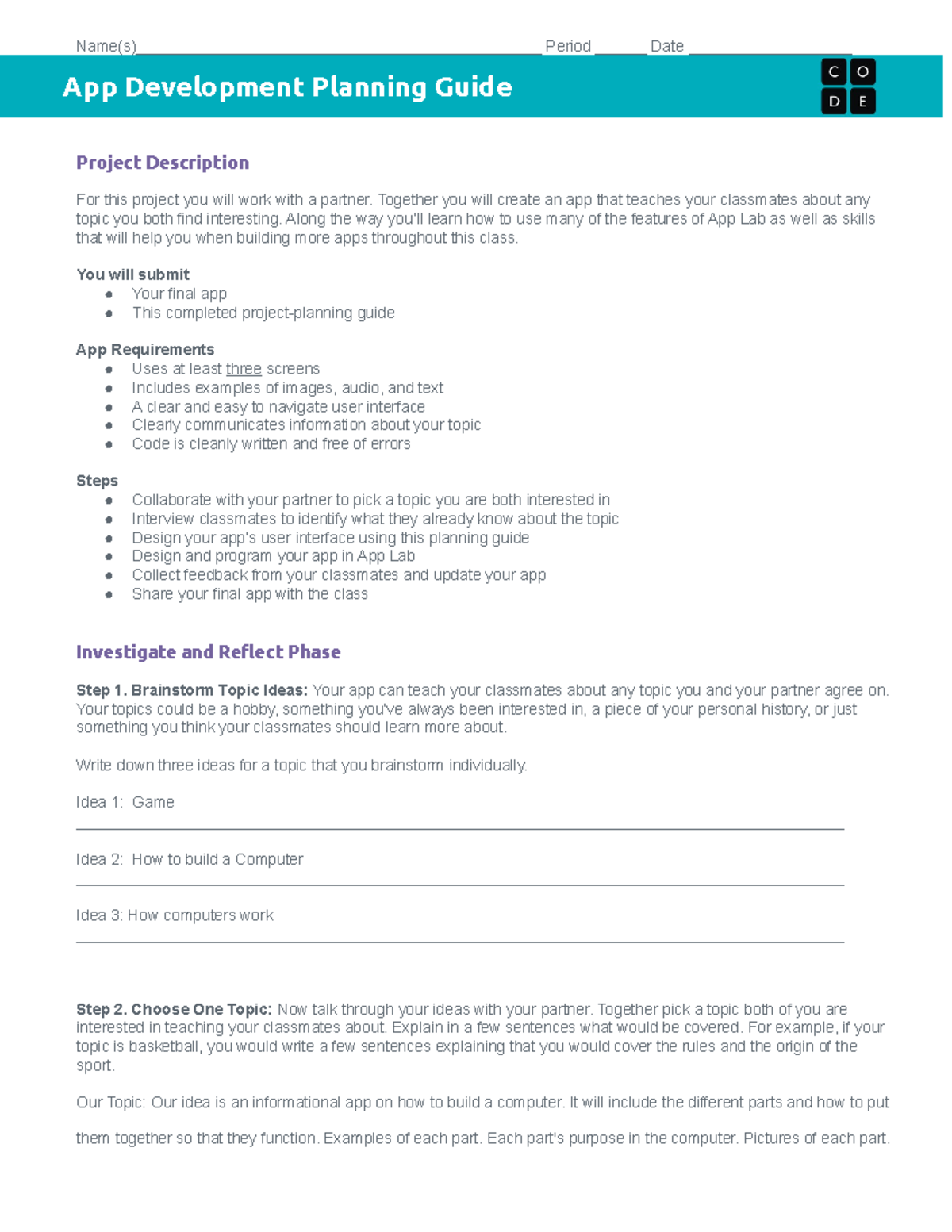 Unit 3 App Development Planning Guide - Name(s