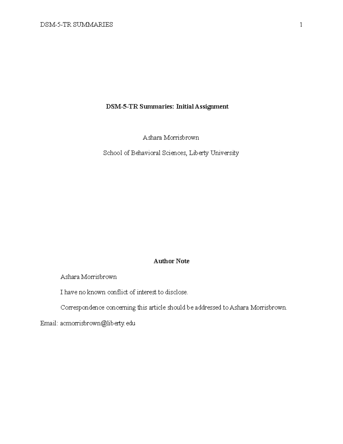 Dsm Summaries Initial Assignment Dsm 5 Tr Summaries Initial Assignment Ashara Morrisbrown