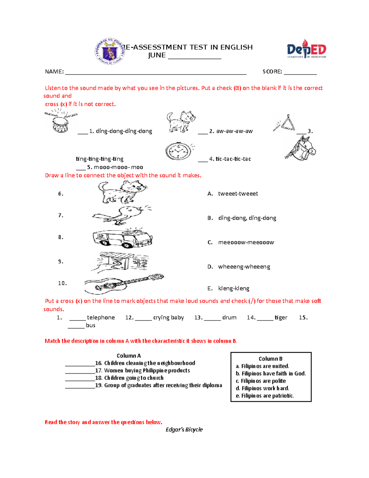 PRE-TEST English-2 - Pre test for grade 2 English - PRE-ASSESSTMENT ...