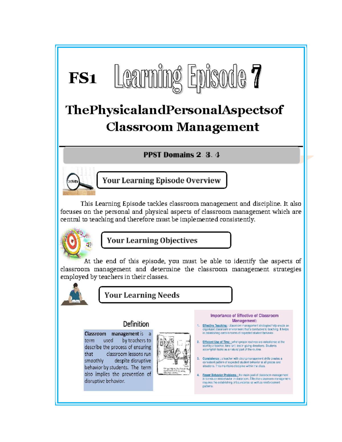 F1- Episode 7 7 - FS 1 ThePhysicalandPersonalAspectsof Classroom ...