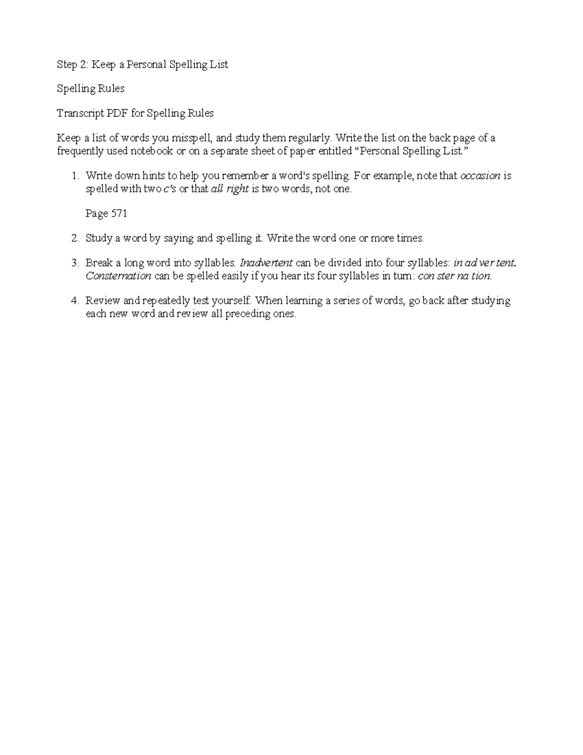 Step 2 Keep a Personal Spelling List - Write the list on the back page ...