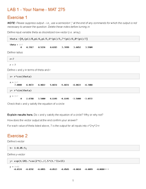 MAT275 Matlab 2 - LAB 2- Jamie Gillian- MAT 275 Excercise 1 Part (a) A=[-4,9,-2;-7,-6,-8;3,-5,4 ...