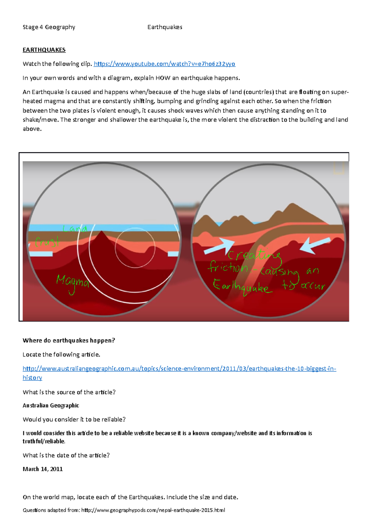 Earthquakes worksheet - EARTHQUAKES Watch the following clip. youtube ...