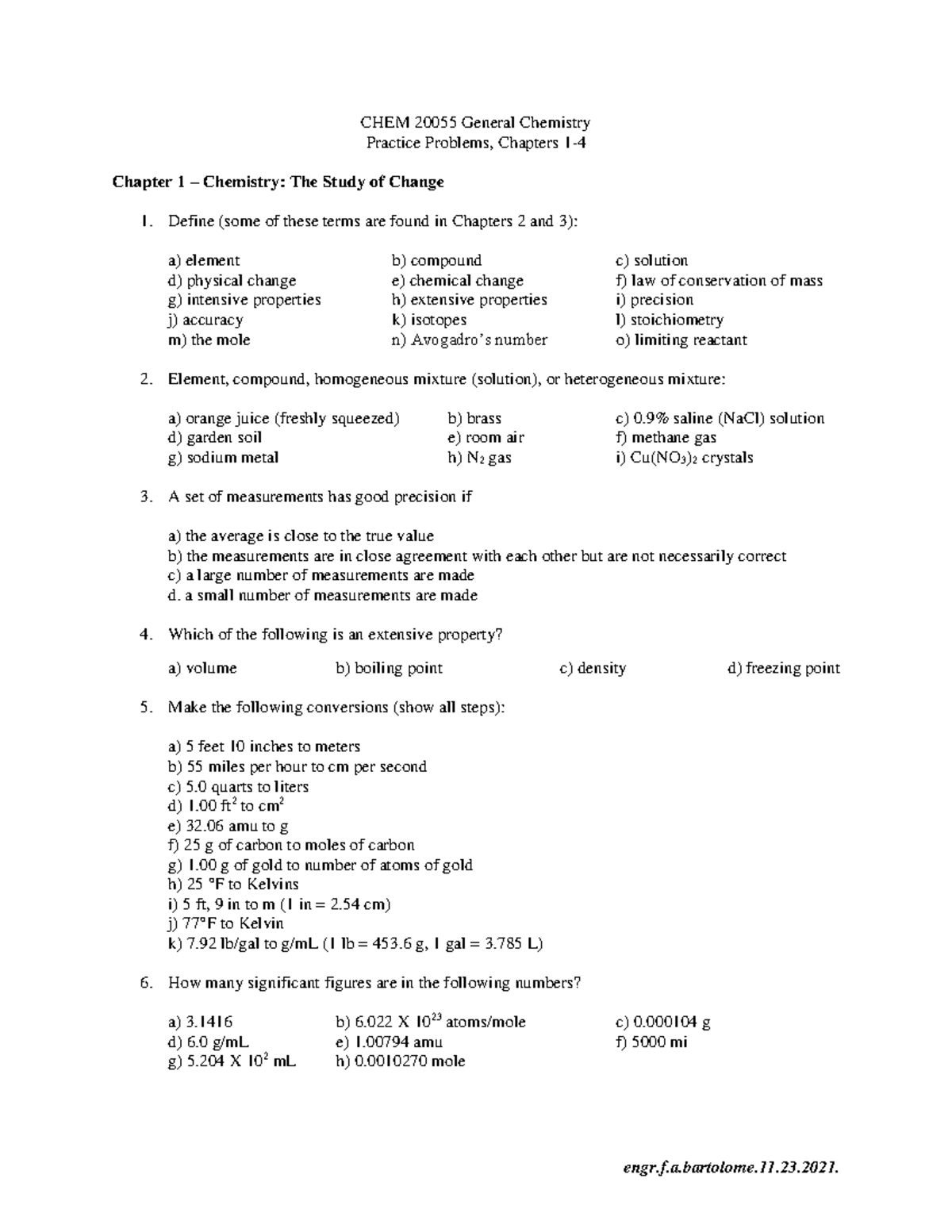 CHEM 2005 5 General Chemistry Practice Exam-1 - CHEM 200 55 General ...