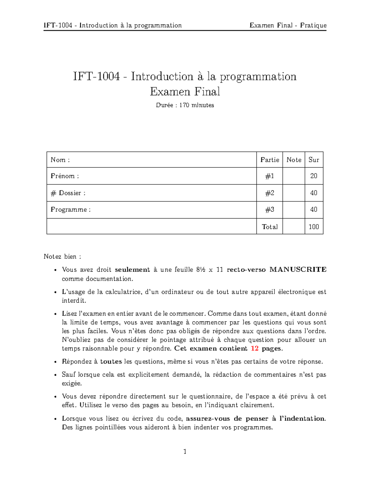 IFT-1004 Exam Final Pratique - IFT-1004 - Introduction à la ...